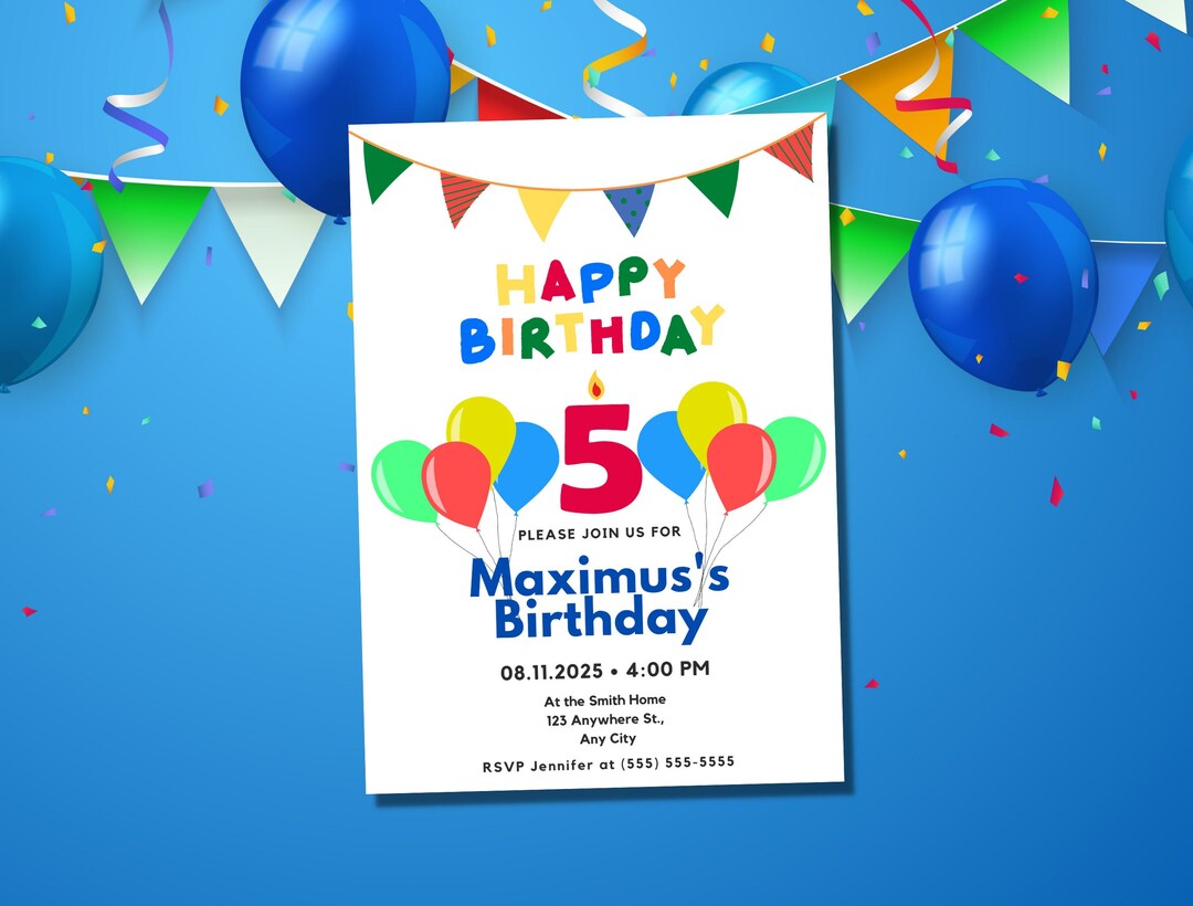 Editable Balloon Party Invitation for 5th Birthday 5 Year Old - Etsy