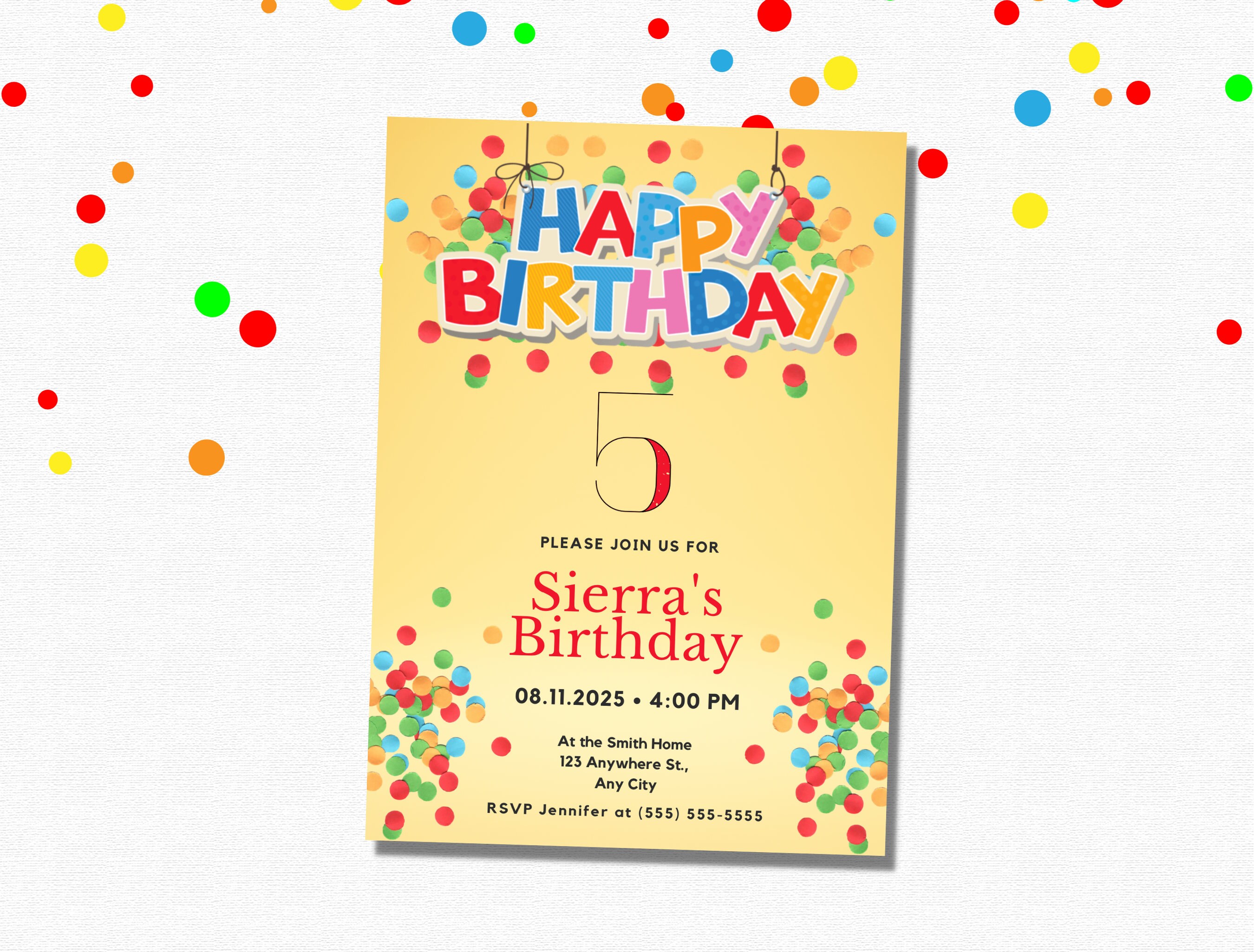 Editable Confetti Invitation for 5th Birthday 5 Year Old - Etsy
