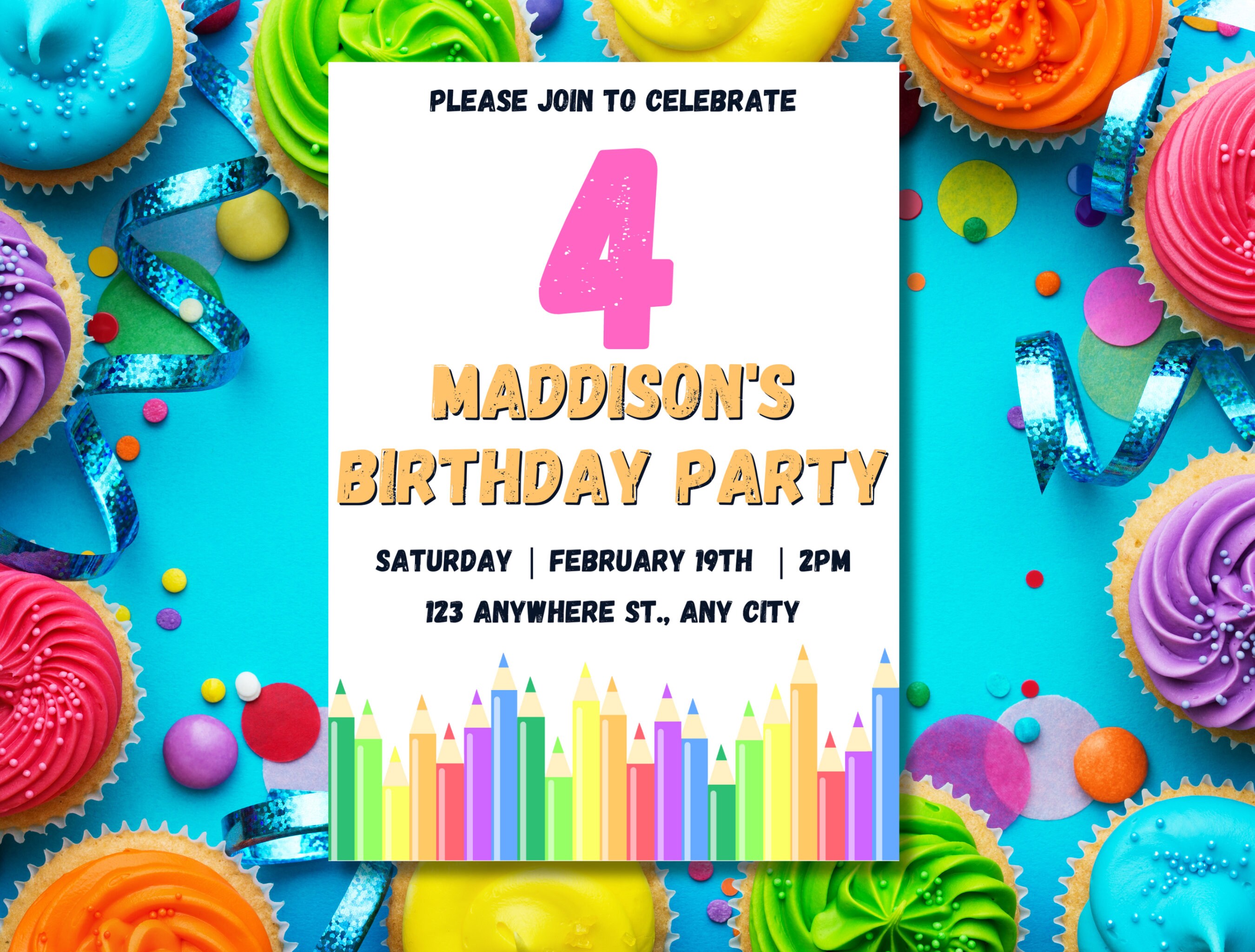 Editable Colored Pencil Invitation for 4th Birthday, 4 Year Old ...