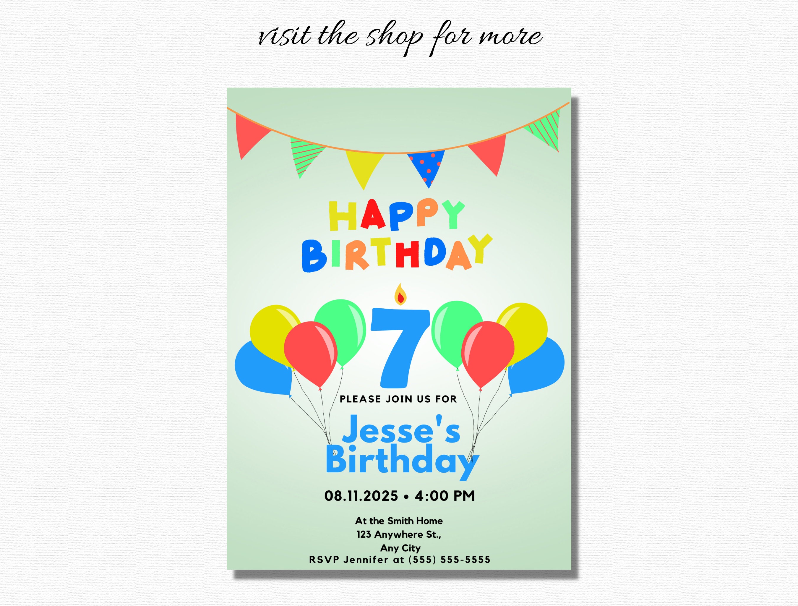 Editable Balloon Party Invitation for 7th Birthday, 7 Year Old Birthday ...