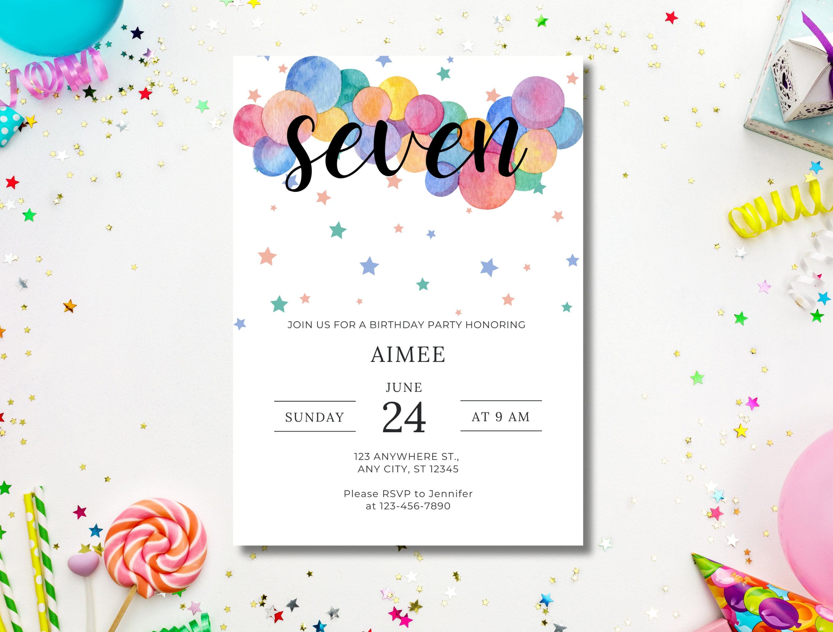 Editable Balloon Party Invitation for 7th Birthday 7 Year Old - Etsy