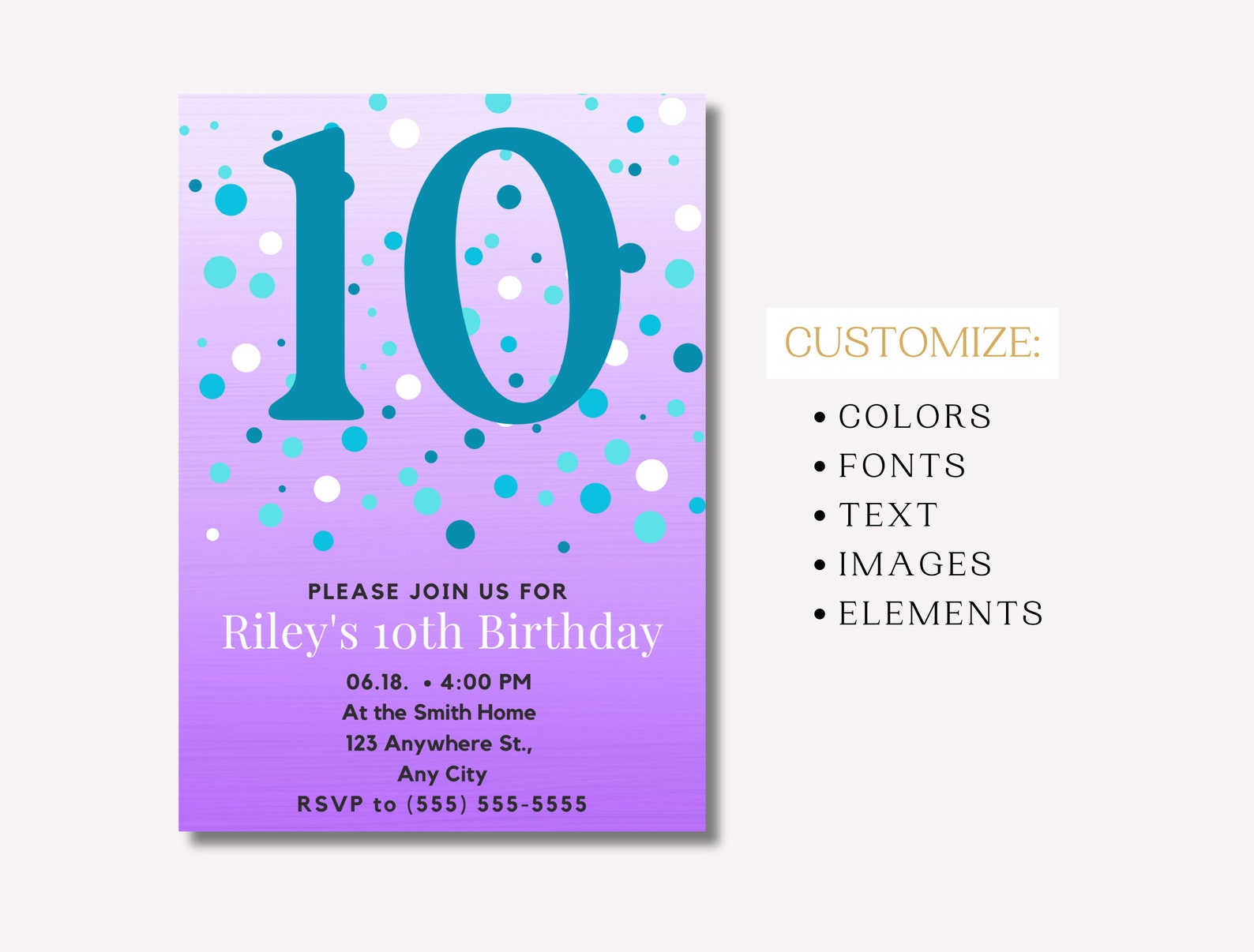 Editable Purple Confetti Invitation for 10th Birthday, 10 Year Old ...