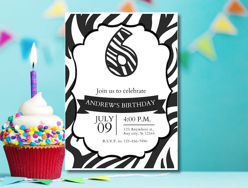 Zebra Themed Party Invitation for 6th Birthday, 6 Year Old Birthday ...