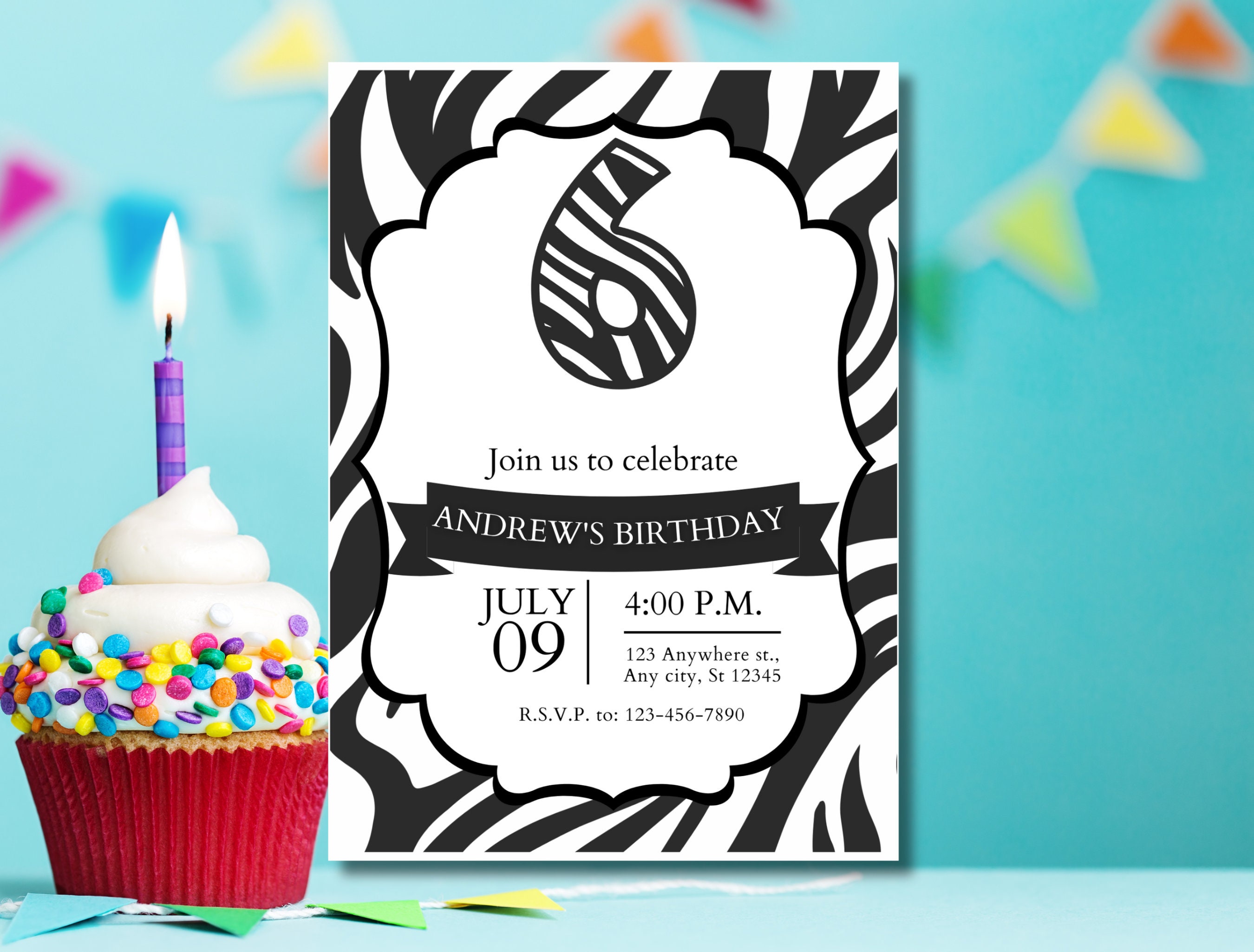 Zebra Themed Party Invitation for 6th Birthday, 6 Year Old Birthday ...