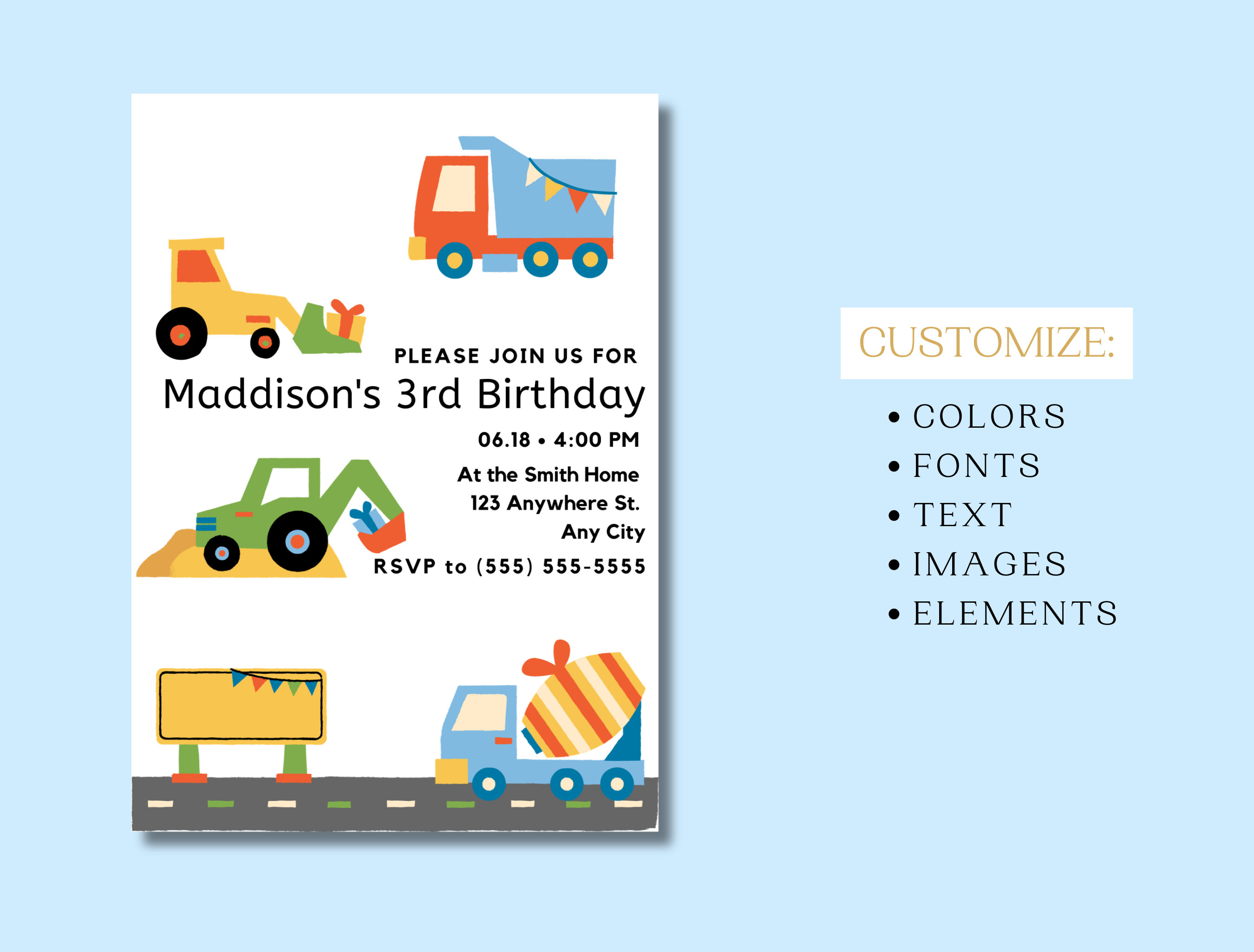 Editable Party Printable Invite, Construction Theme Birthday ...