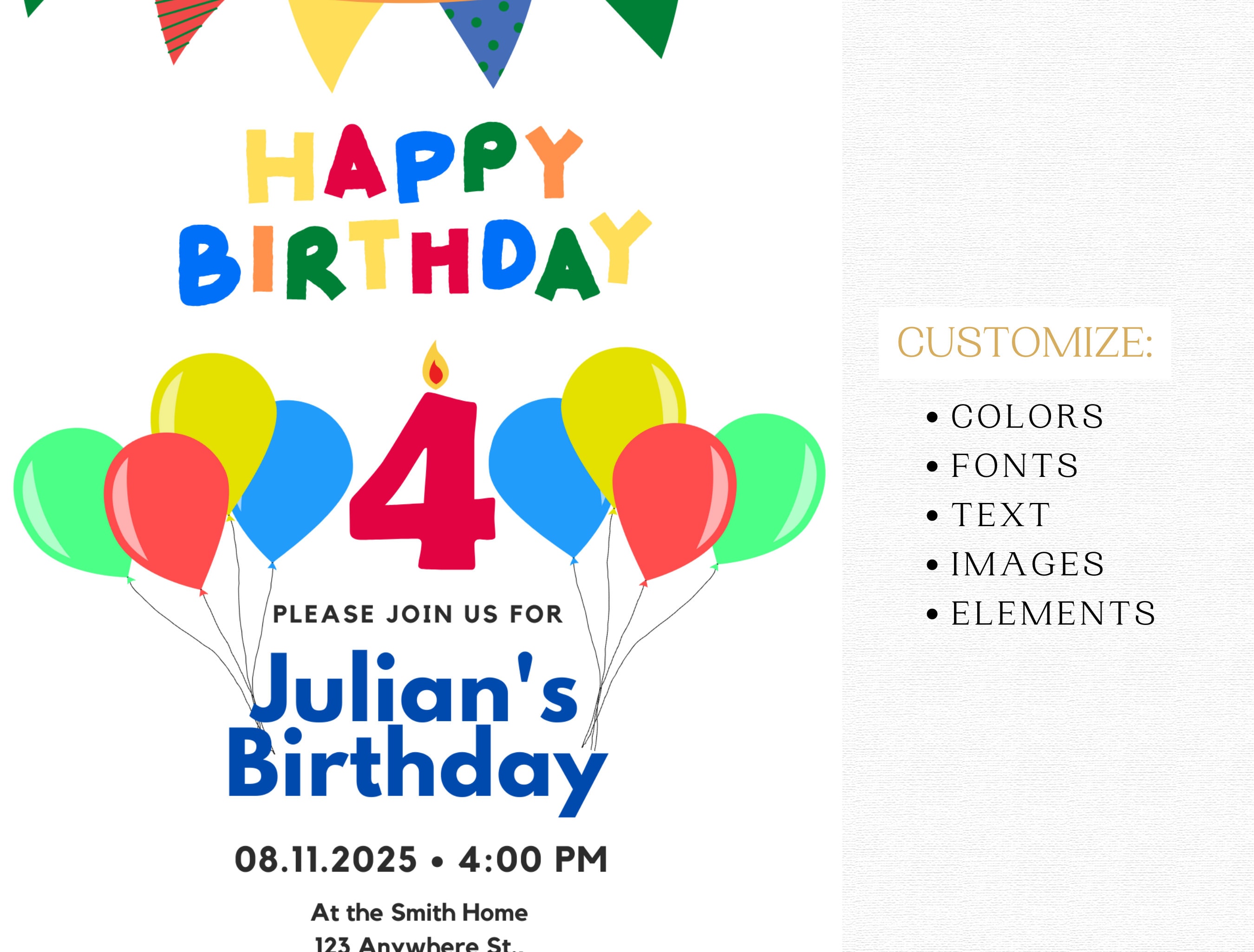 Editable Balloon Party Invitation for 4th Birthday, 4 Year Old Birthday ...