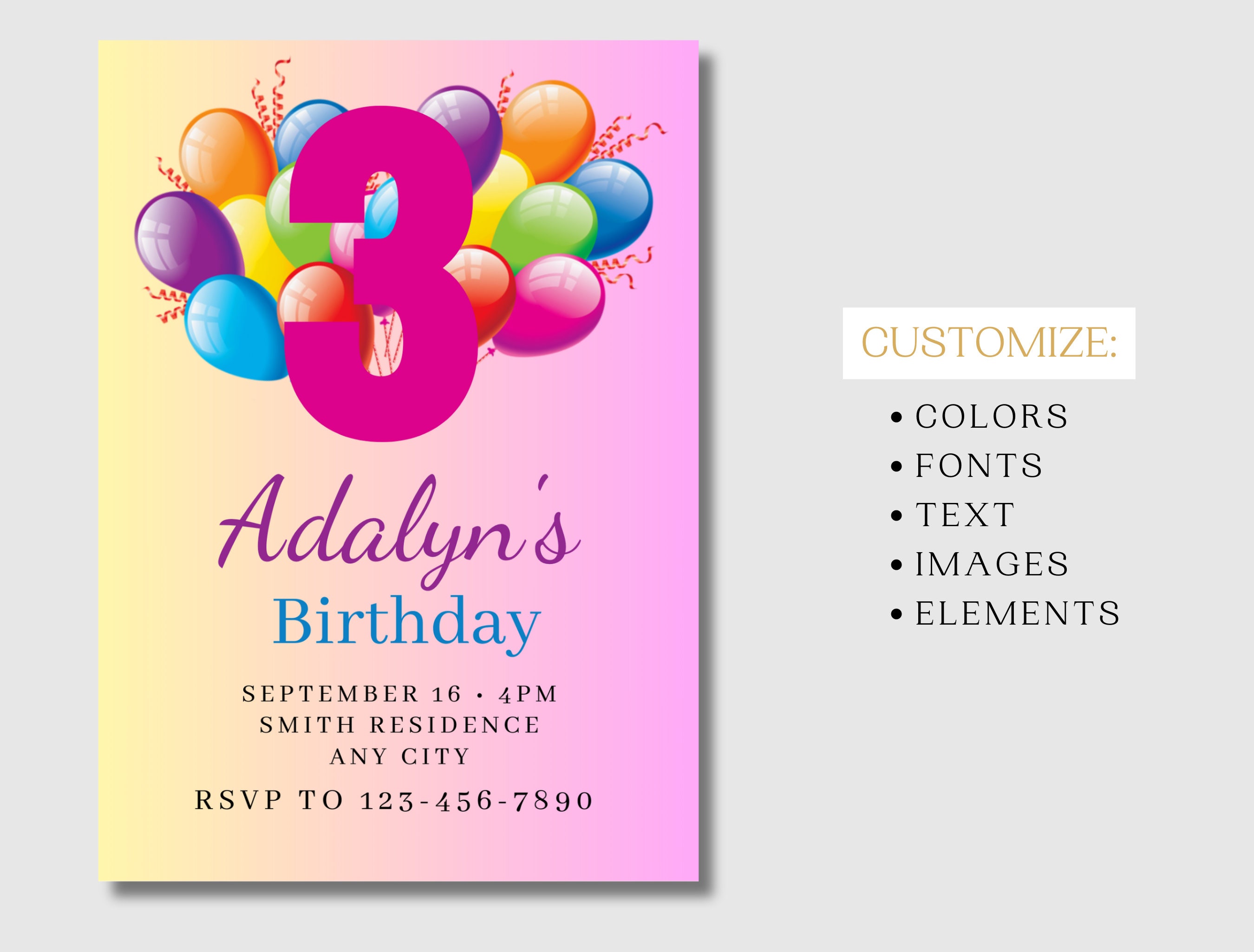 Editable Balloon Party Invitation for 3rd Birthday, 3 Year Old Birthday ...