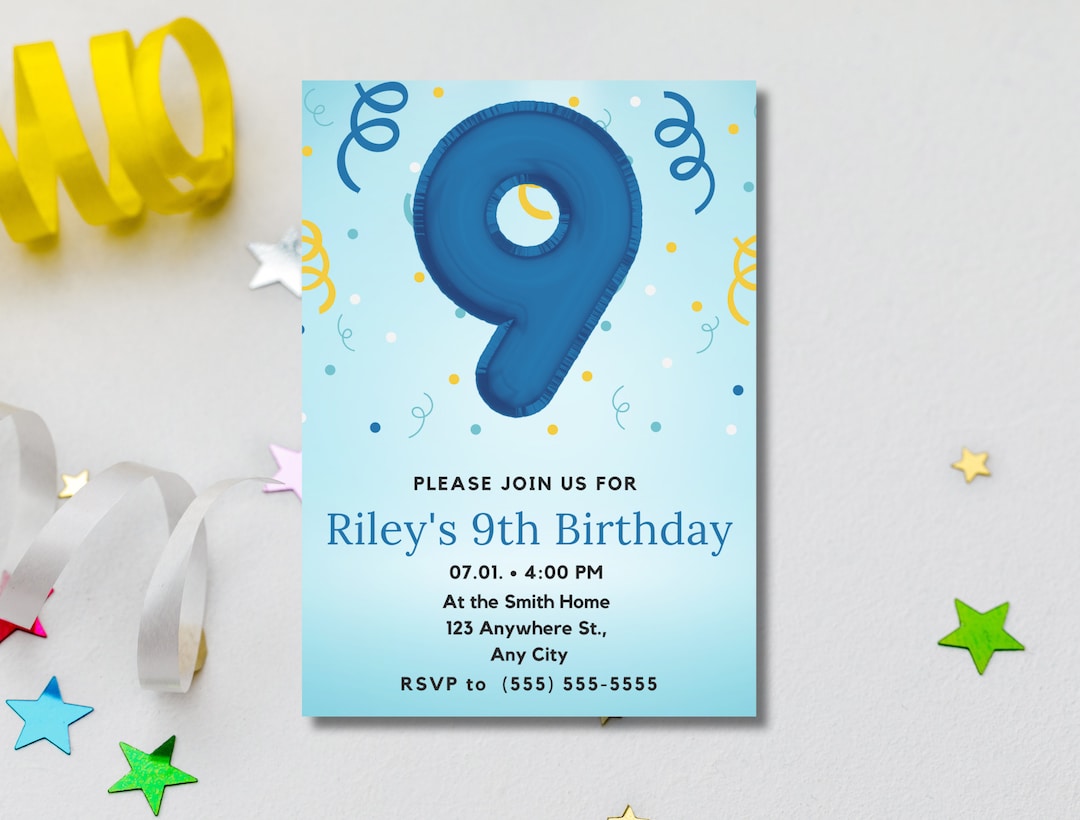 Editable Blue Streamers Party Invitation for 9th Birthday, 9 Year Old ...