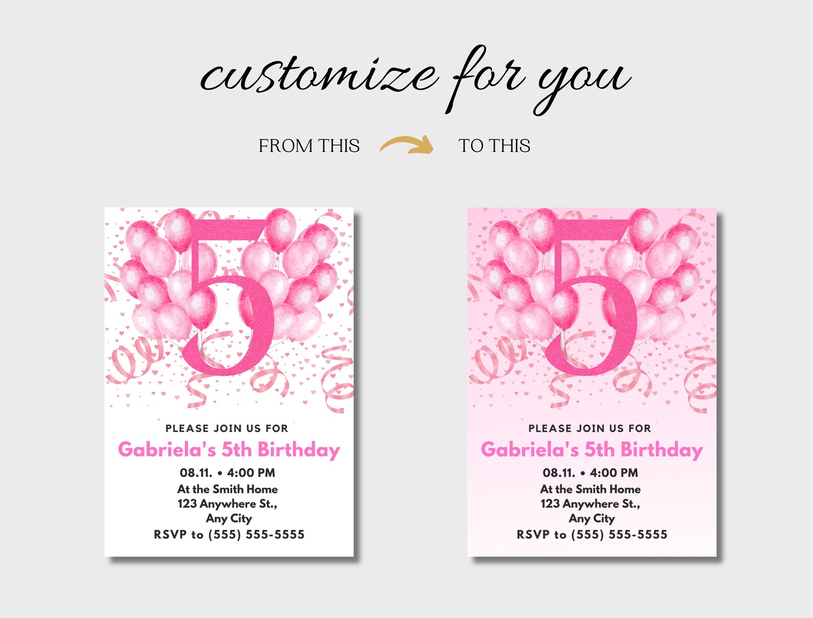 Editable Pink Balloon Party Invitation for 5th Birthday, 5 Year Old ...