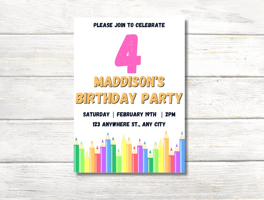 Editable Colored Pencil Invitation for 4th Birthday 4 Year - Etsy