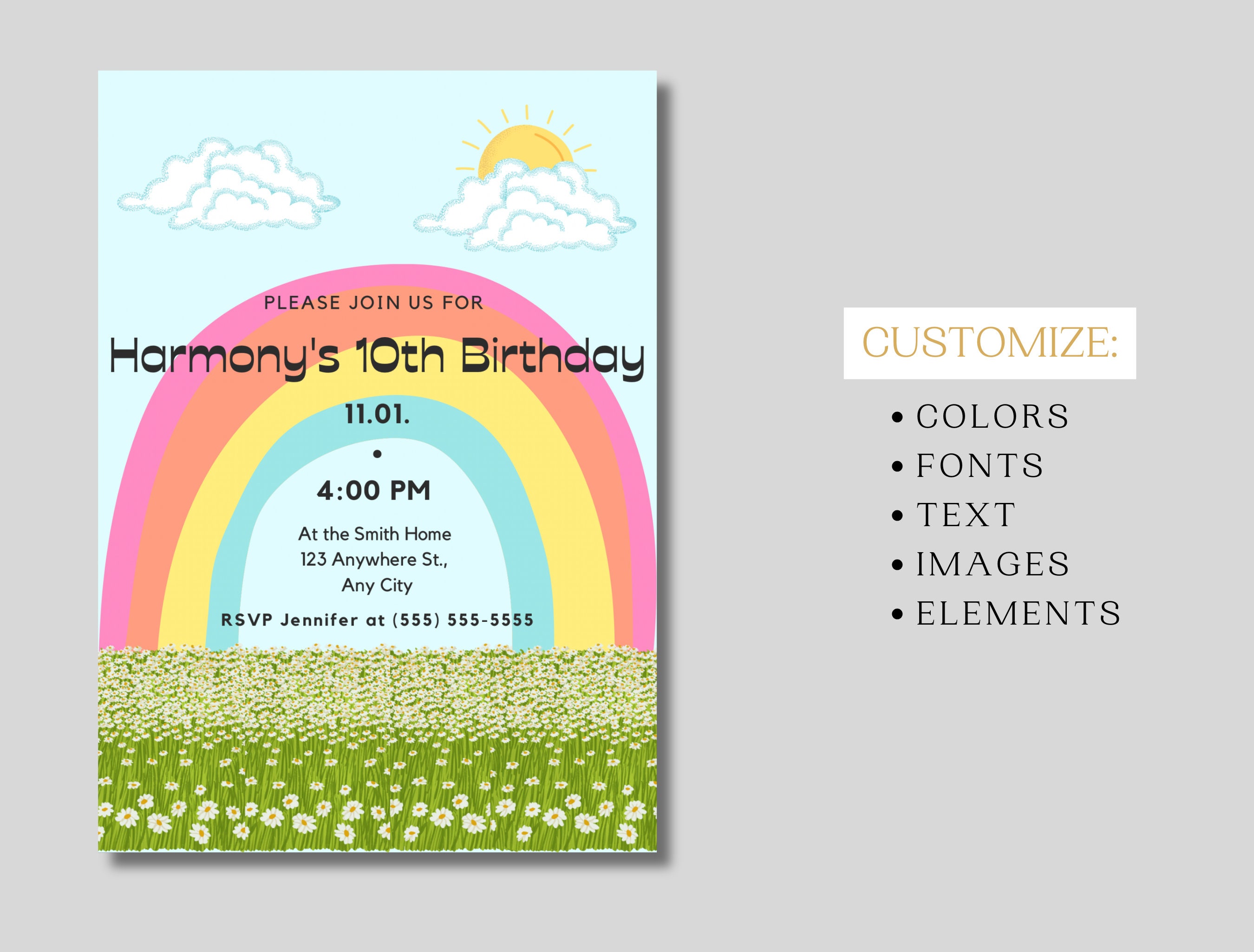 Editable Rainbow and Daisies Birthday Party Invitation Template - Etsy