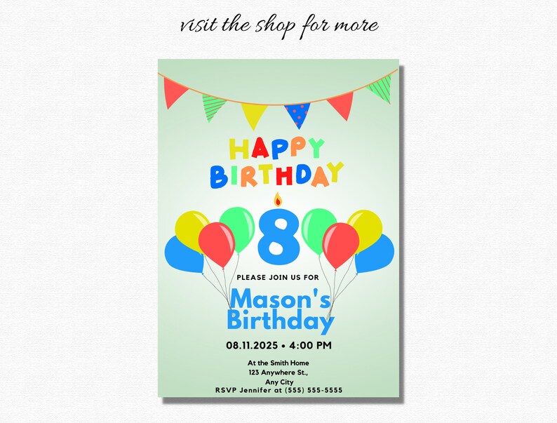 Editable Balloon Party Invitation for 8th Birthday 8 Year Old - Etsy