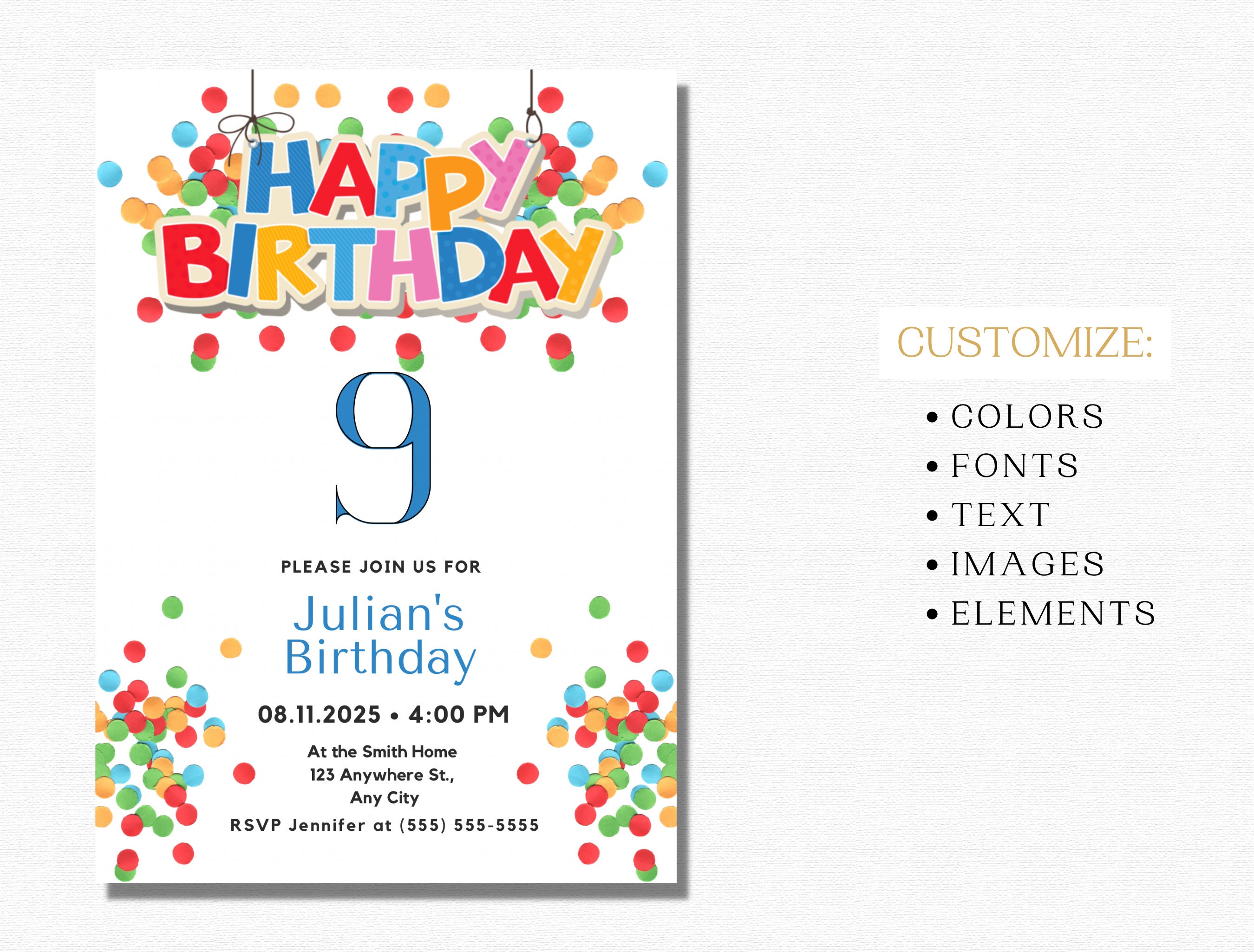 Editable Confetti Invitation for 9th Birthday, 9 Year Old Birthday ...