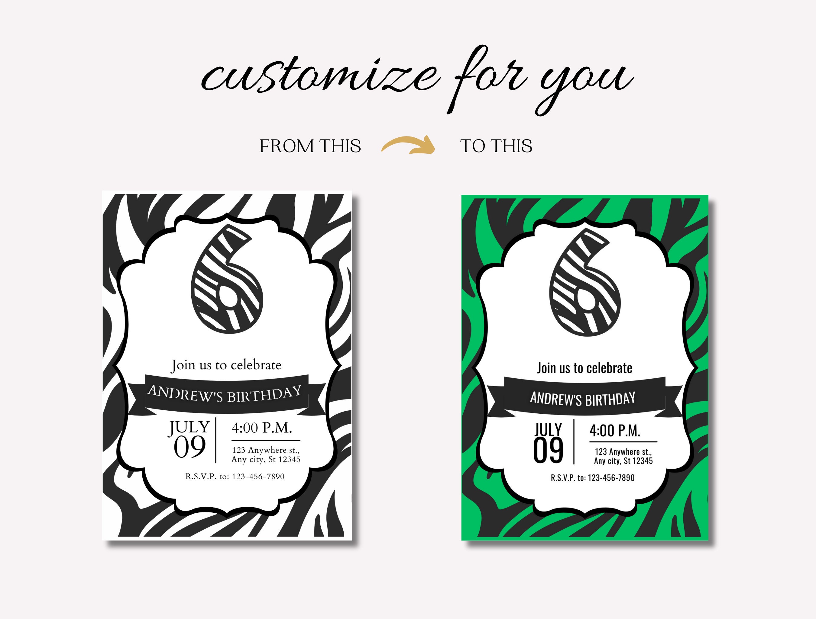 Zebra Themed Party Invitation for 6th Birthday, 6 Year Old Birthday ...