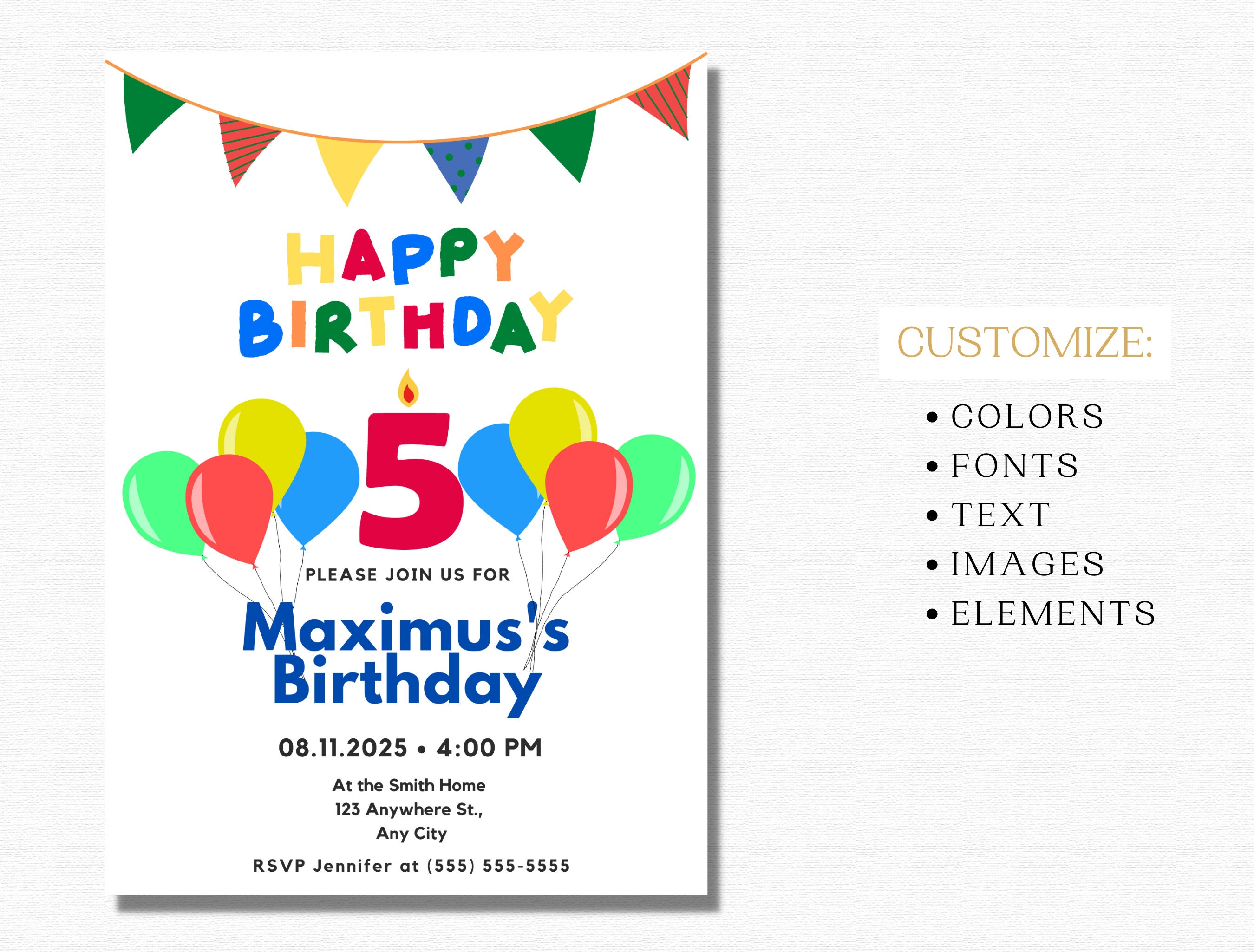 Editable Balloon Party Invitation for 5th Birthday 5 Year Old - Etsy