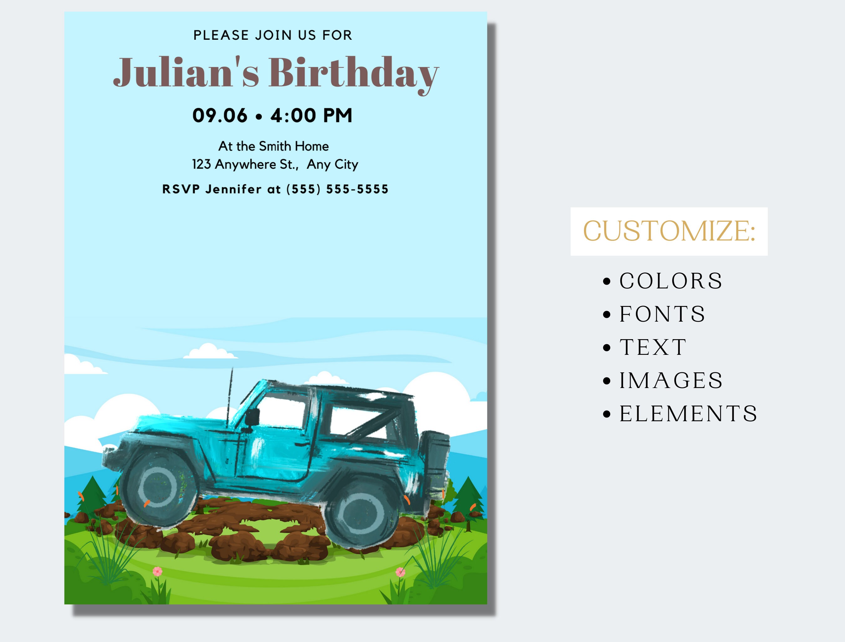 Off Road Invitation, Invitations for Boys Birthday, Invitations for ...