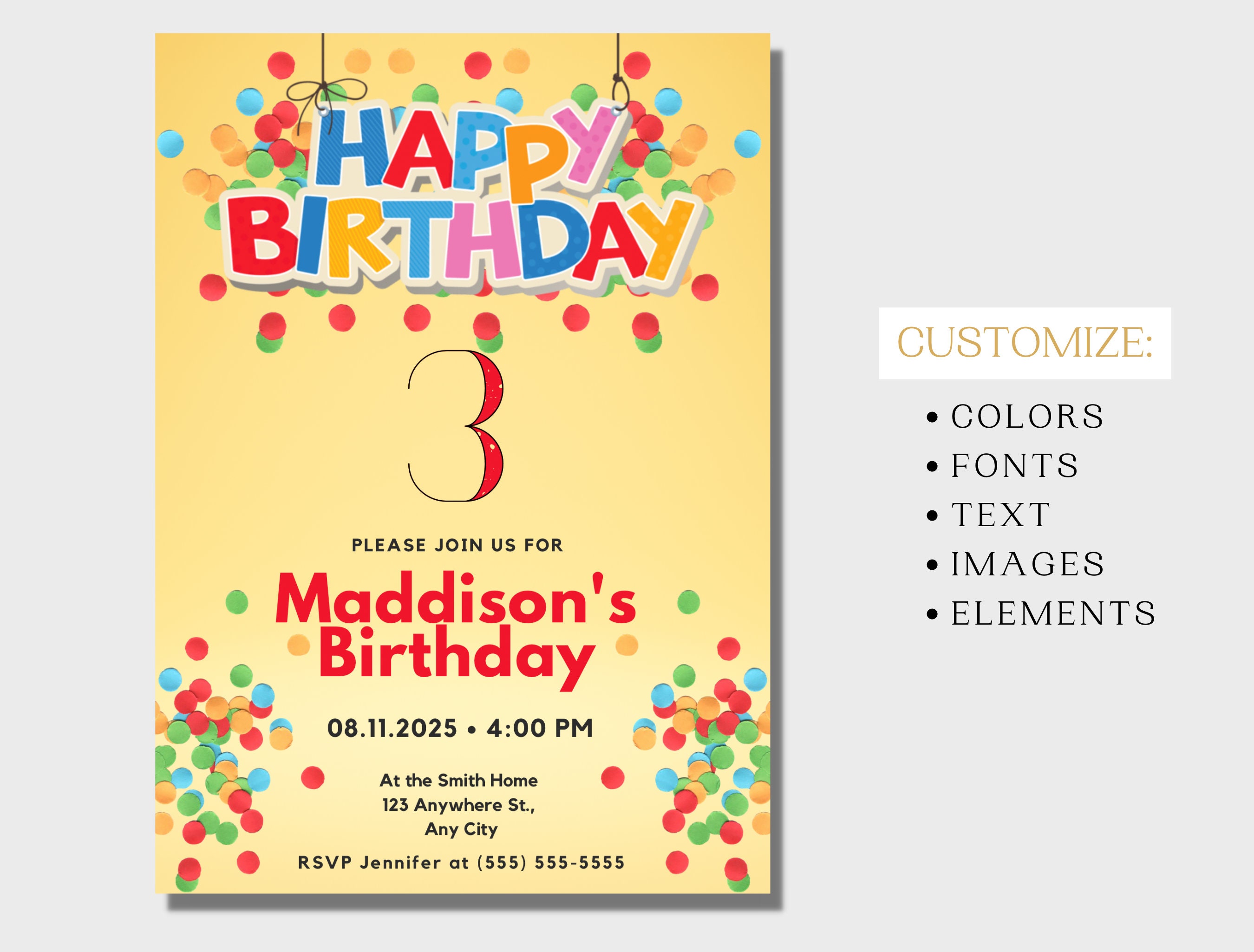 Editable Confetti Invitation for 3rd Birthday 3 Year Old - Etsy