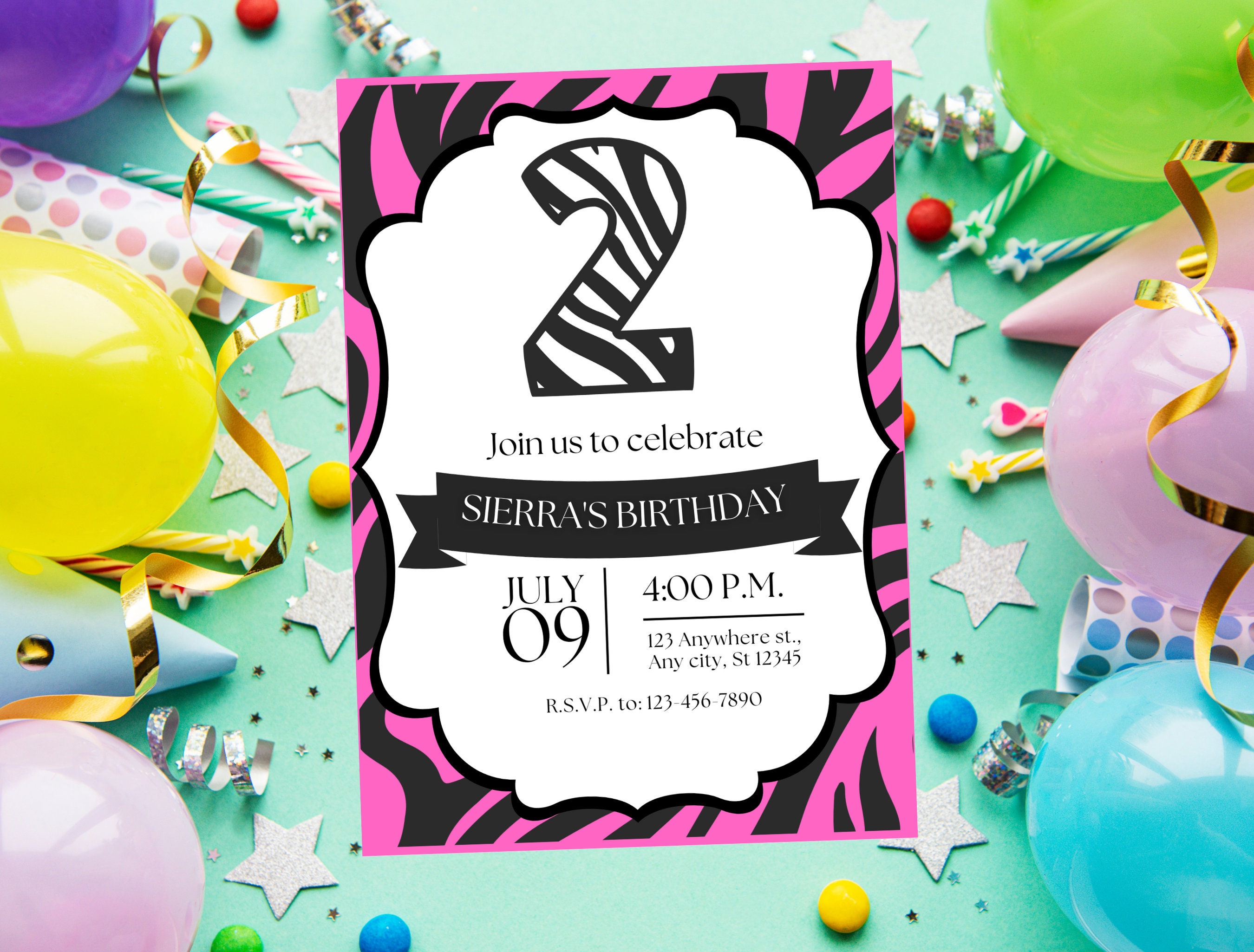 Zebra Themed Party Invitation for 2nd Birthday 2 Year Old - Etsy