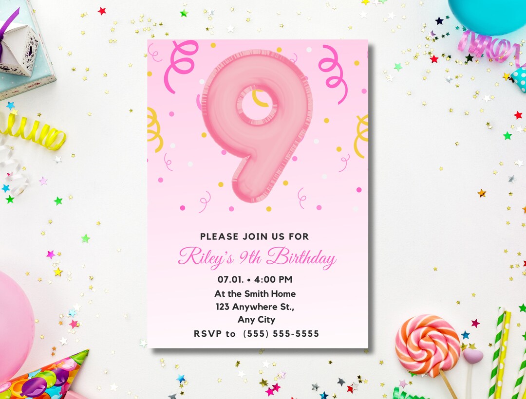 Editable Pink Streamers Party Invitation for 9th Birthday, 9 Year Old ...