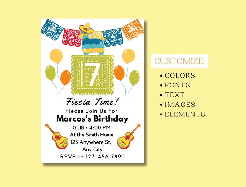 Editable Fiesta Birthday Invitation for 7th Birthday 7 Year - Etsy