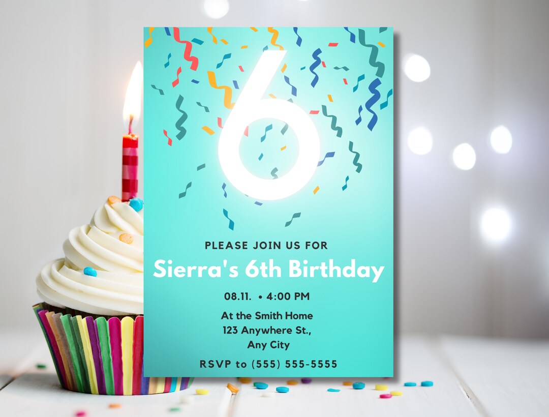 Editable Teal Confetti Party Invitation for 6th Birthday, 6 Year Old ...