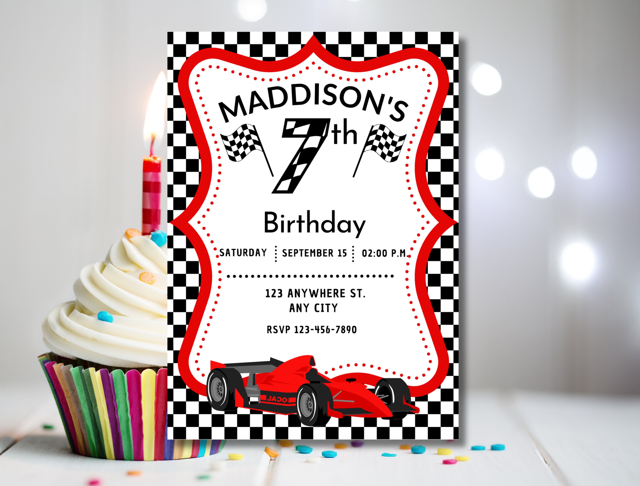 Editable Race Car Party Invitation for 7th Birthday, 7 Year Old ...