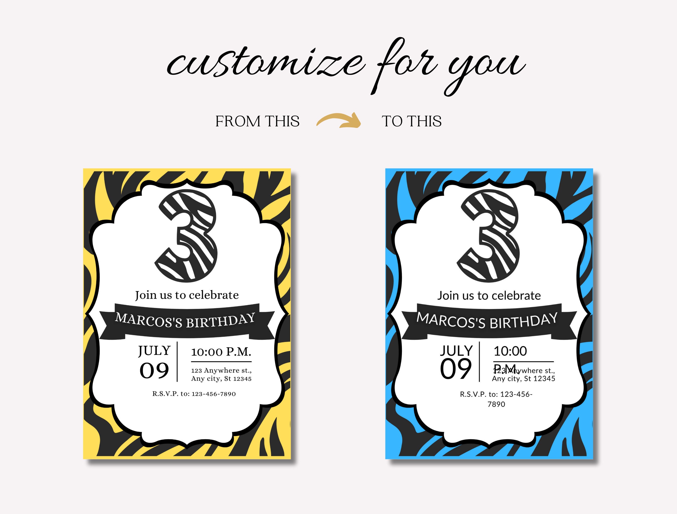 Zebra Themed Party Invitation for 3rd Birthday, 3 Year Old Birthday Invite for Boys, Safari ...