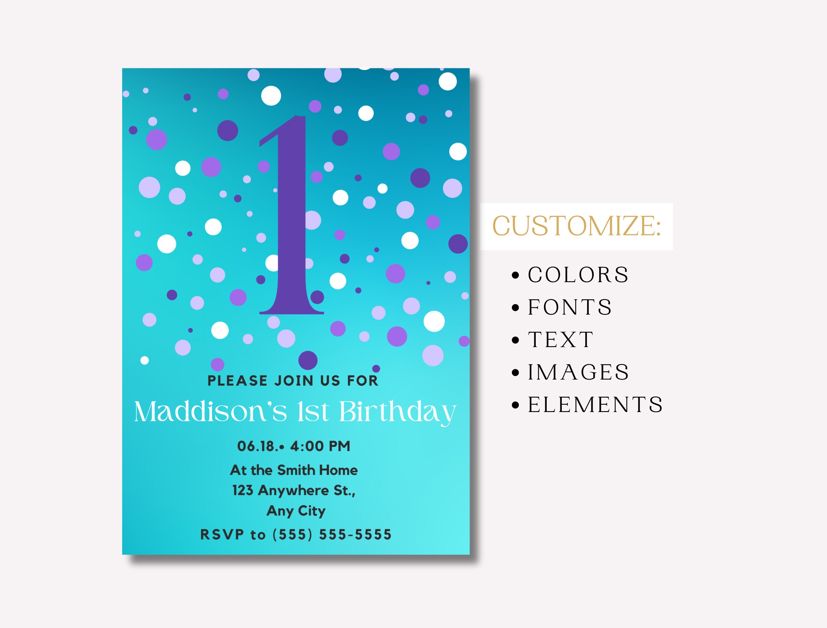Editable Teal Confetti Party Invitation for 1st Birthday, 1 Year Old ...