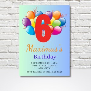 Editable Balloon Party Invitation for 6th Birthday 6 Year Old - Etsy