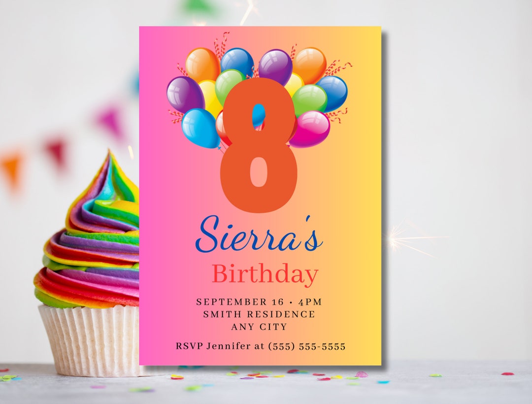Editable Balloon Party Invitation for 8th Birthday, 8 Year Old Birthday ...