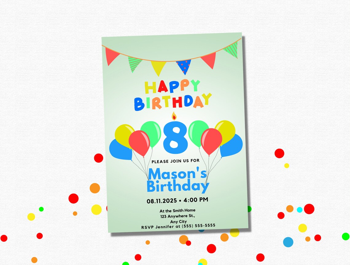 Editable Balloon Party Invitation for 8th Birthday 8 Year Old - Etsy