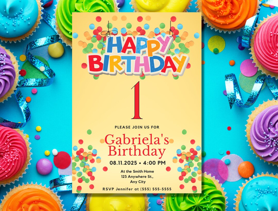 Editable Confetti Invitation for 1st Birthday, 1 Year Old Birthday ...
