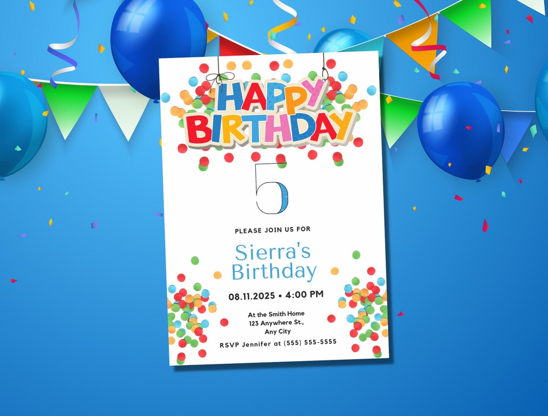 Editable Confetti Invitation for 5th Birthday 5 Year Old - Etsy