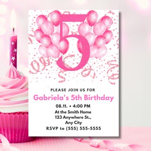 Editable Pink Balloon Party Invitation for 5th Birthday, 5 Year Old ...