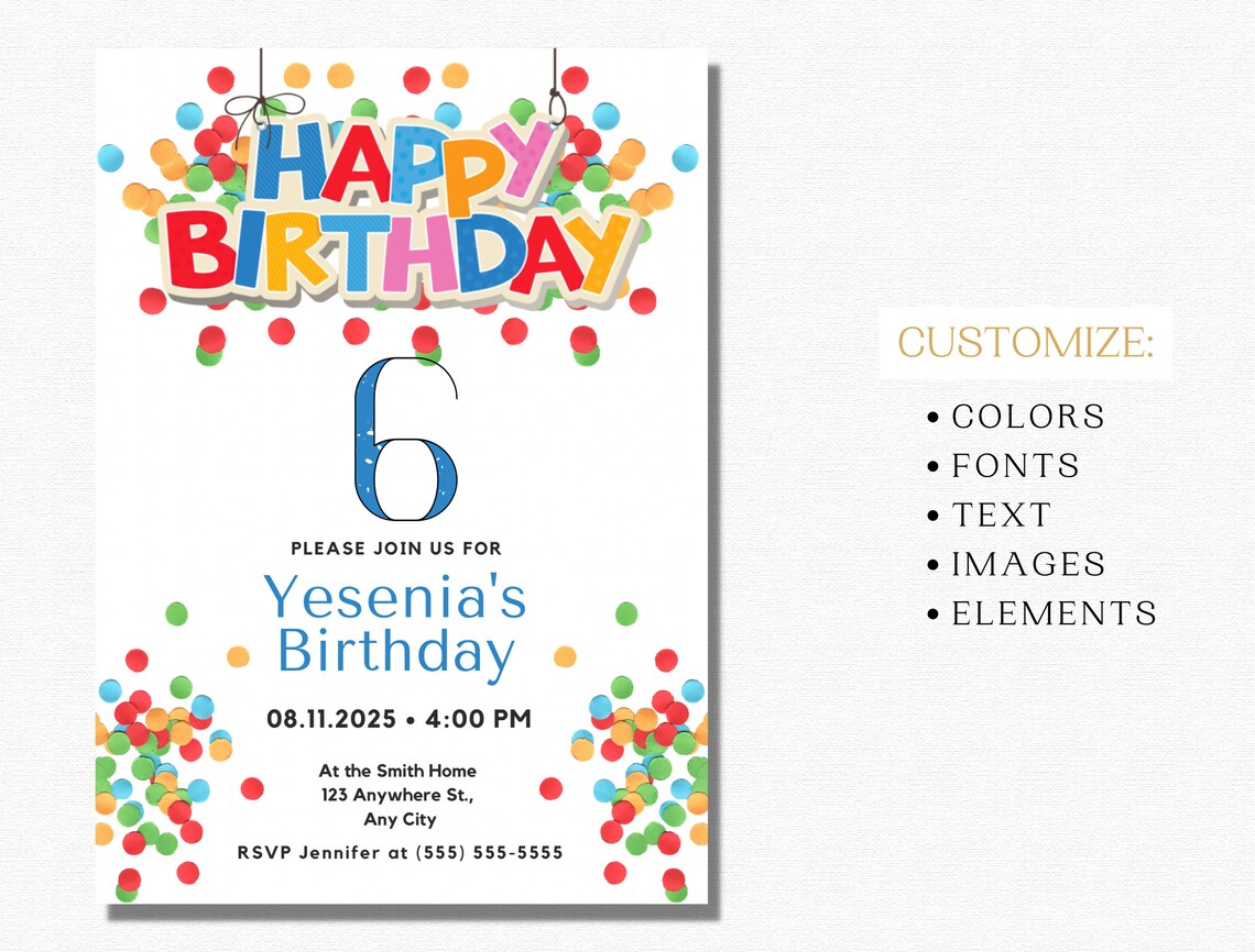 Editable Confetti Invitation for 6th Birthday 6 Year Old - Etsy