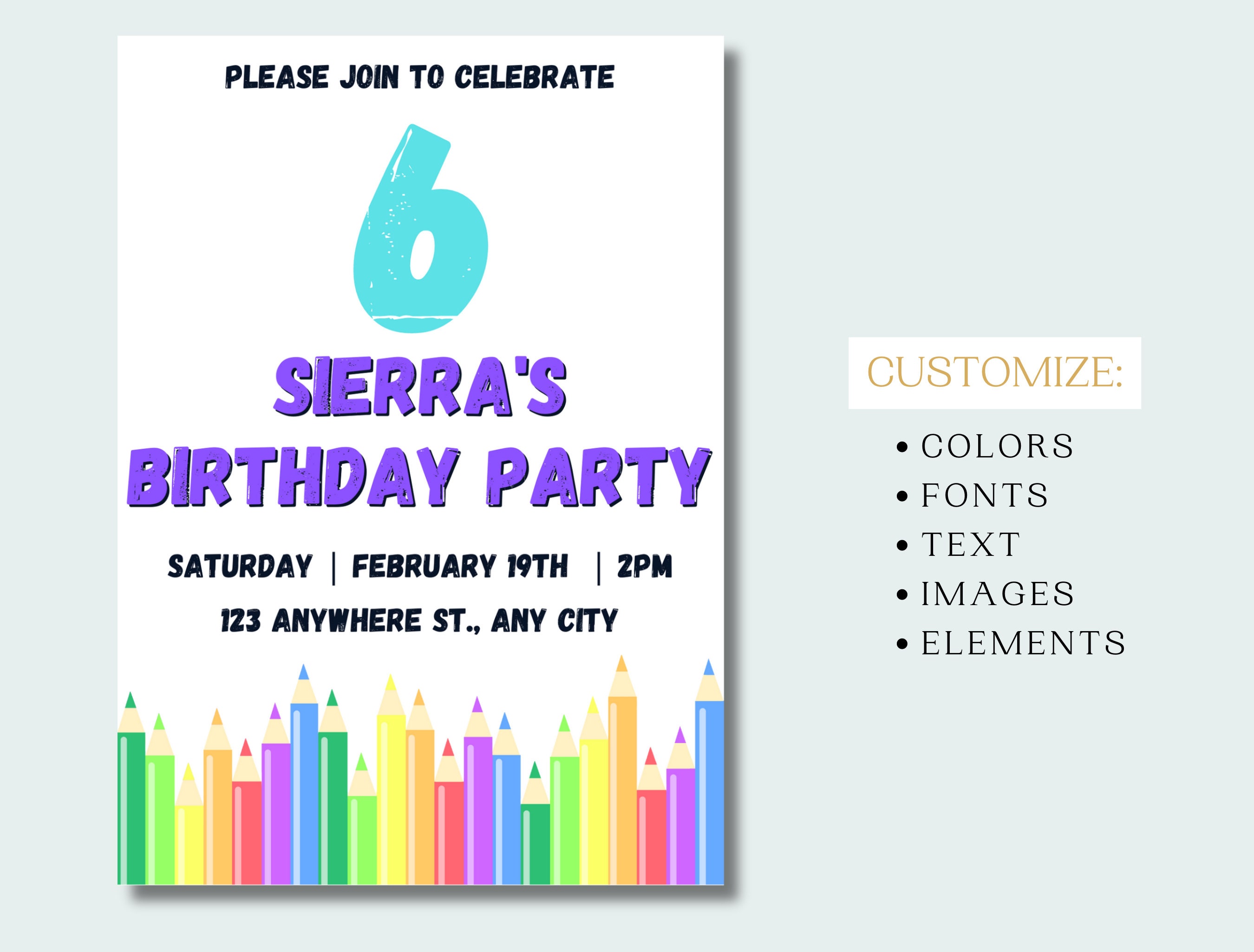 Editable Colored Pencil Invitation for 6th Birthday, 6 Year Old ...