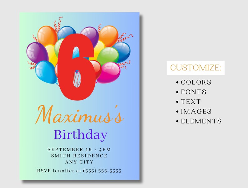 Editable Balloon Party Invitation for 6th Birthday 6 Year Old - Etsy