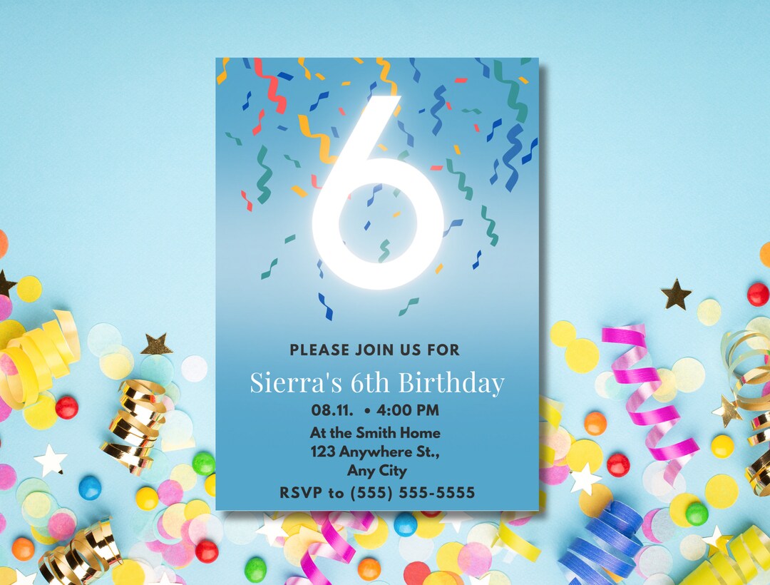 Editable Blue Confetti Party Invitation for 6th Birthday 6 - Etsy