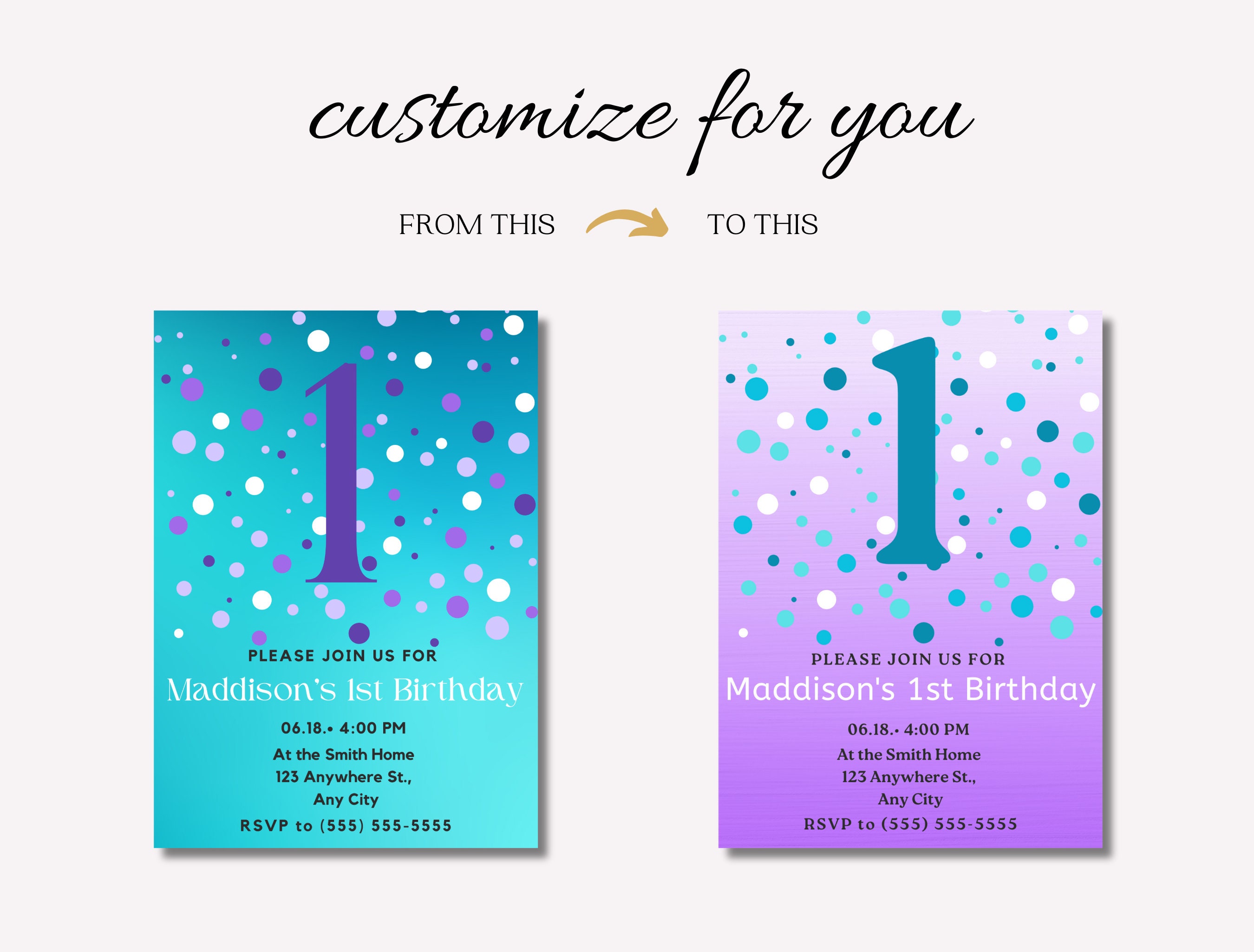 Editable Teal Confetti Party Invitation for 1st Birthday, 1 Year Old ...