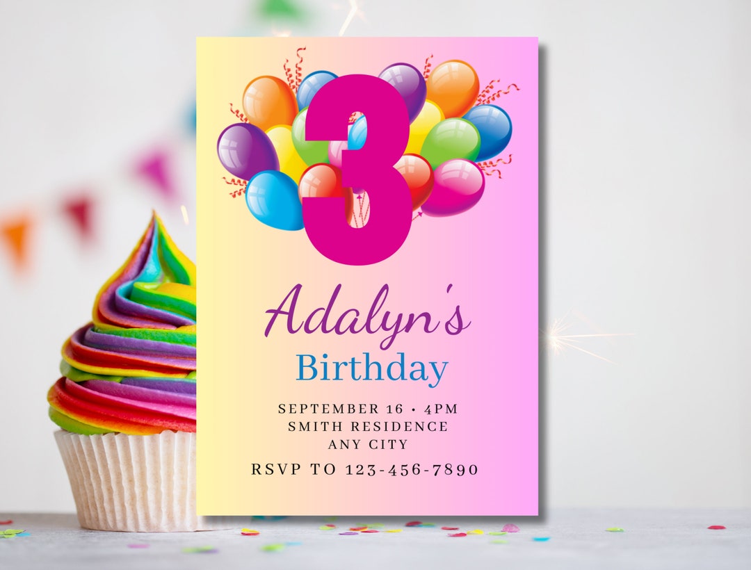 Editable Balloon Party Invitation for 3rd Birthday, 3 Year Old Birthday ...