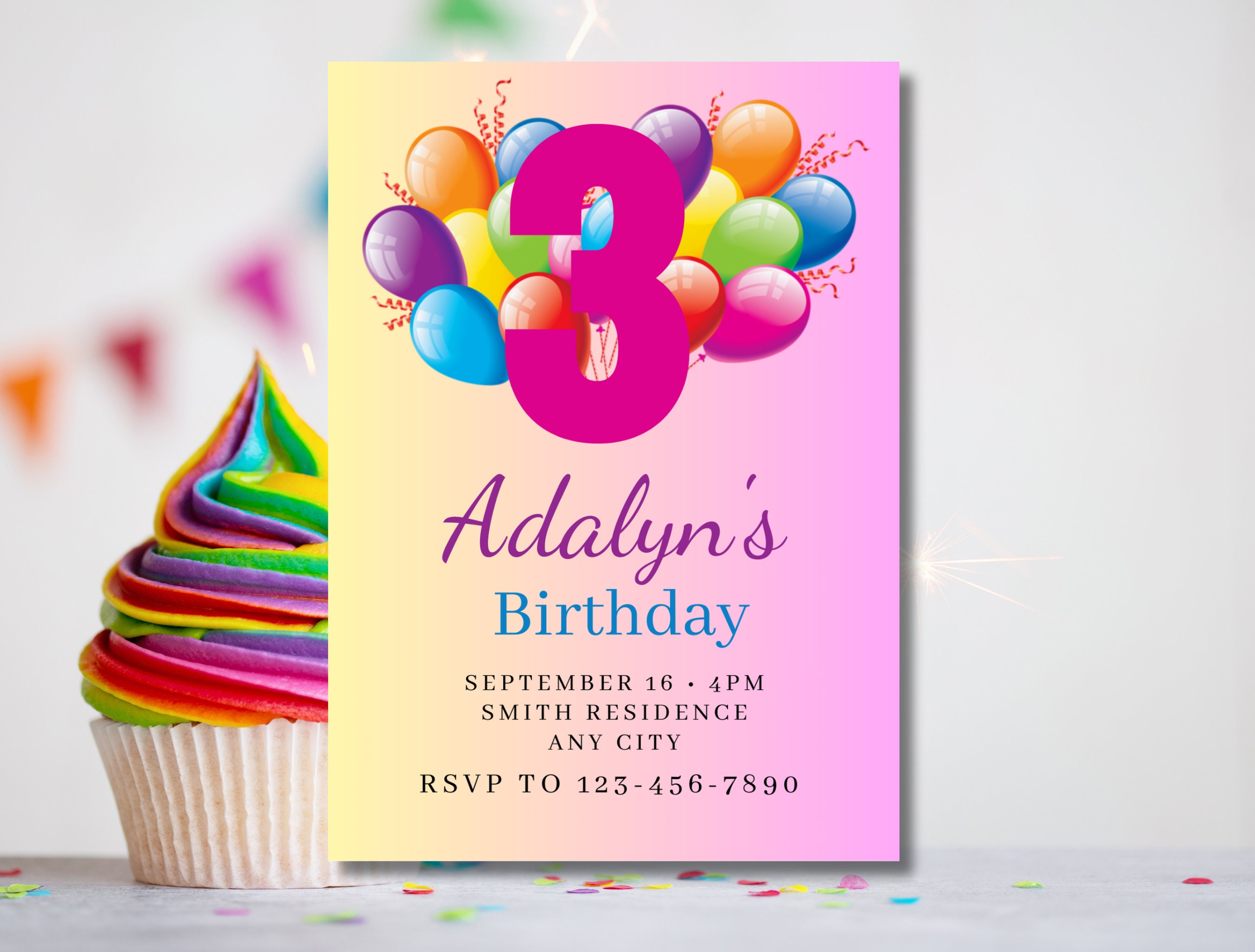 Editable Balloon Party Invitation for 3rd Birthday, 3 Year Old Birthday ...