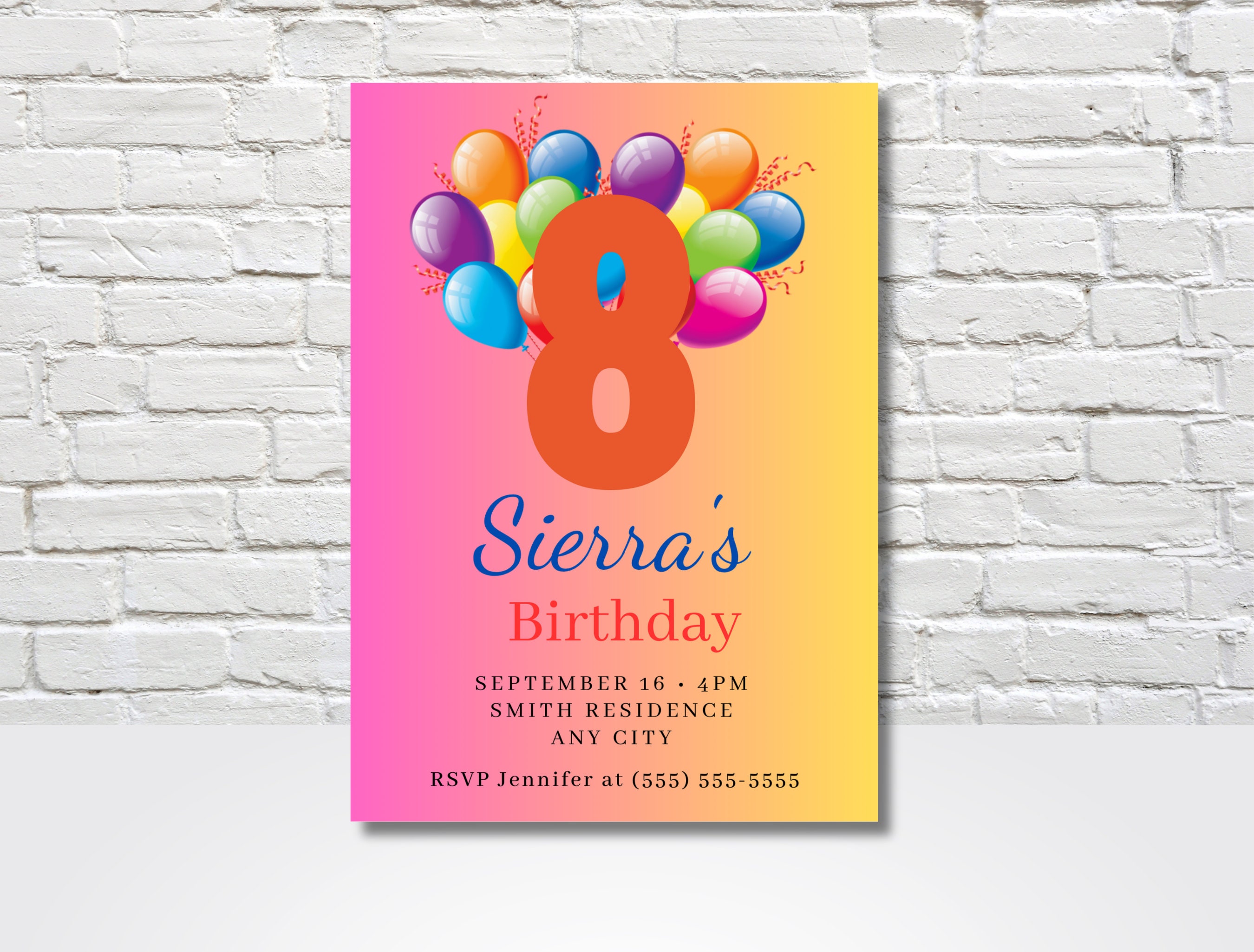 Editable Balloon Party Invitation for 8th Birthday 8 Year Old - Etsy