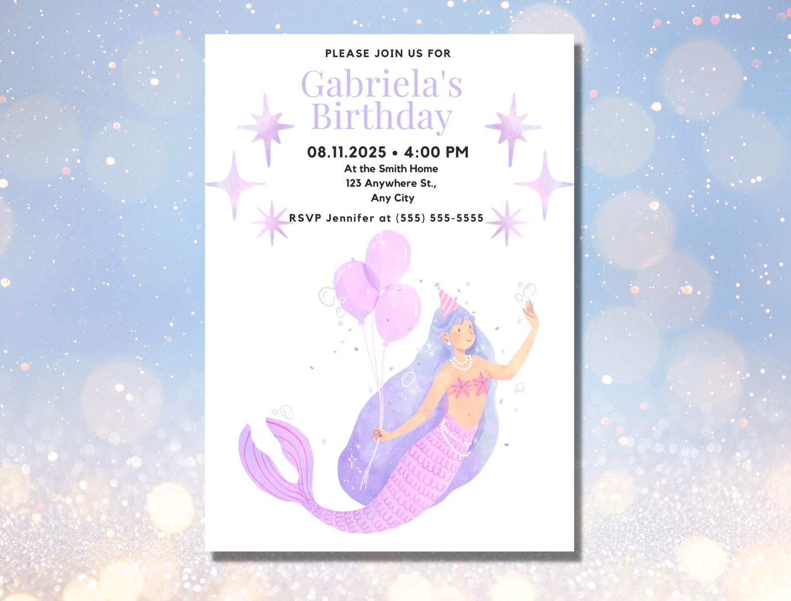 Editable Mermaid Birthday Invitation Template Little Mermaid Under the ...