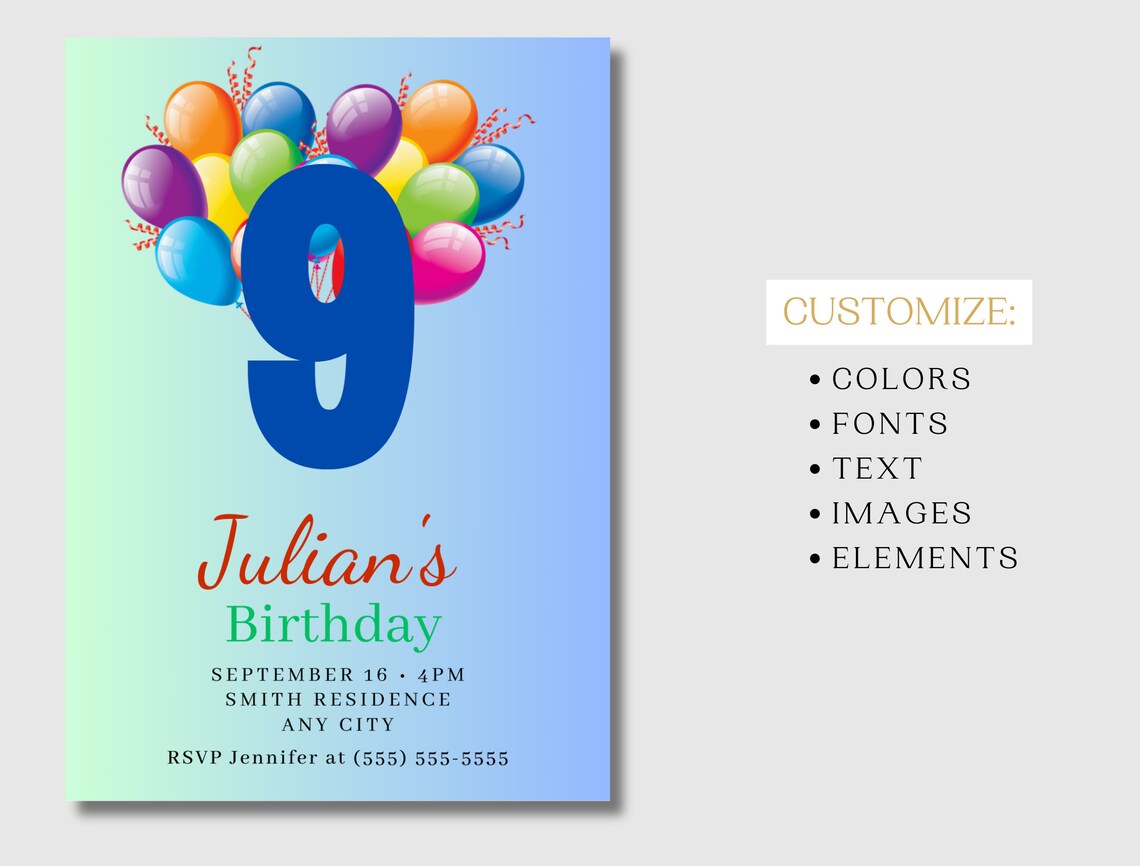 Editable Balloon Party Invitation for 9th Birthday, 9 Year Old Birthday ...