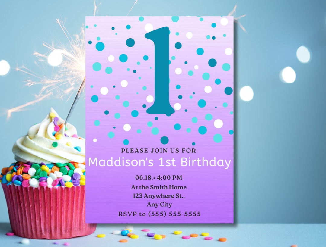 Editable Purple Confetti Party Invitation for 1st Birthday, 1 Year Old ...
