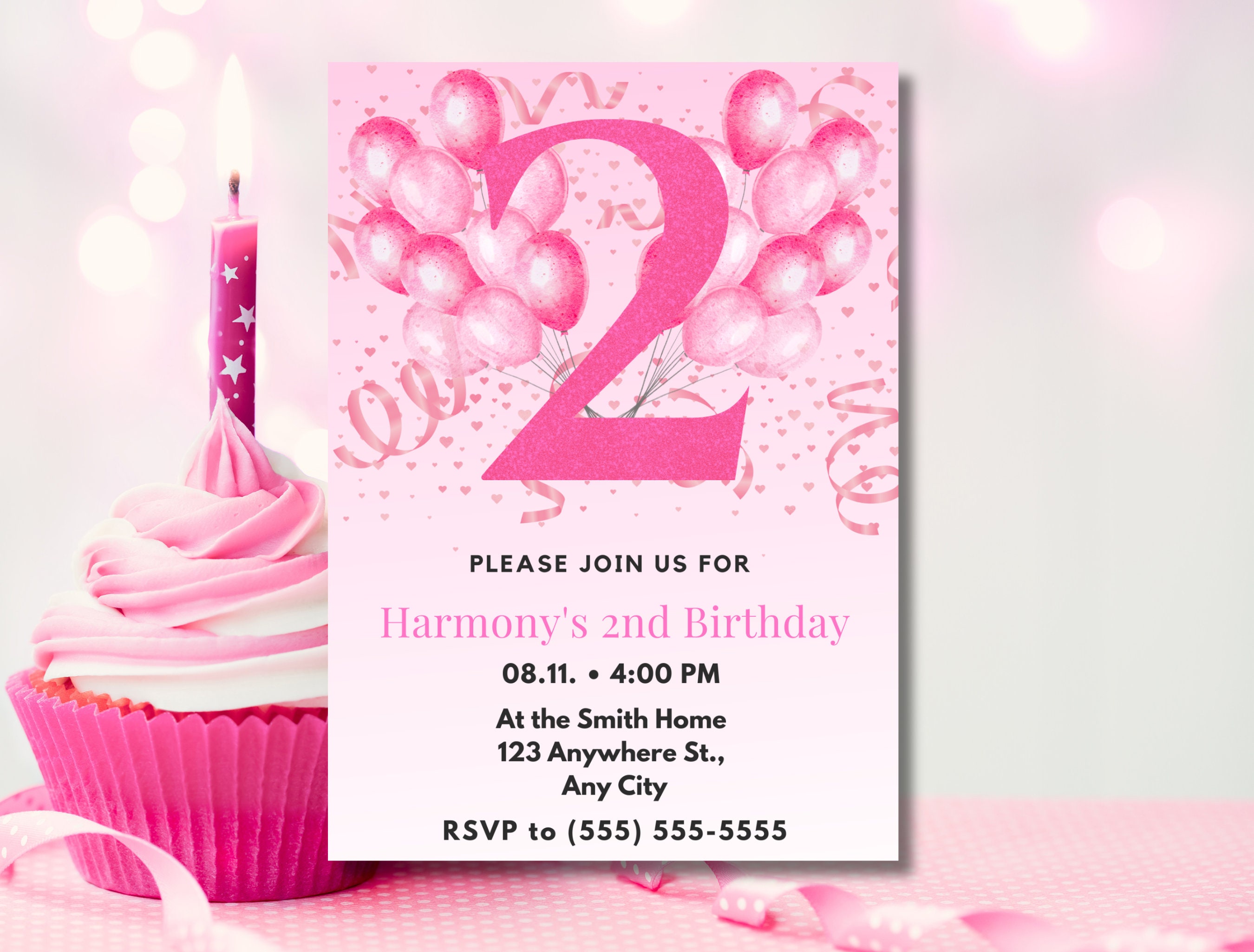 Editable Pink Balloon Party Invitation for 2nd Birthday, 2 Year Old ...