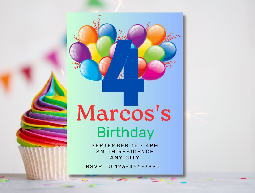 Editable Balloon Party Invitation for 4th Birthday, 4 Year Old Birthday ...