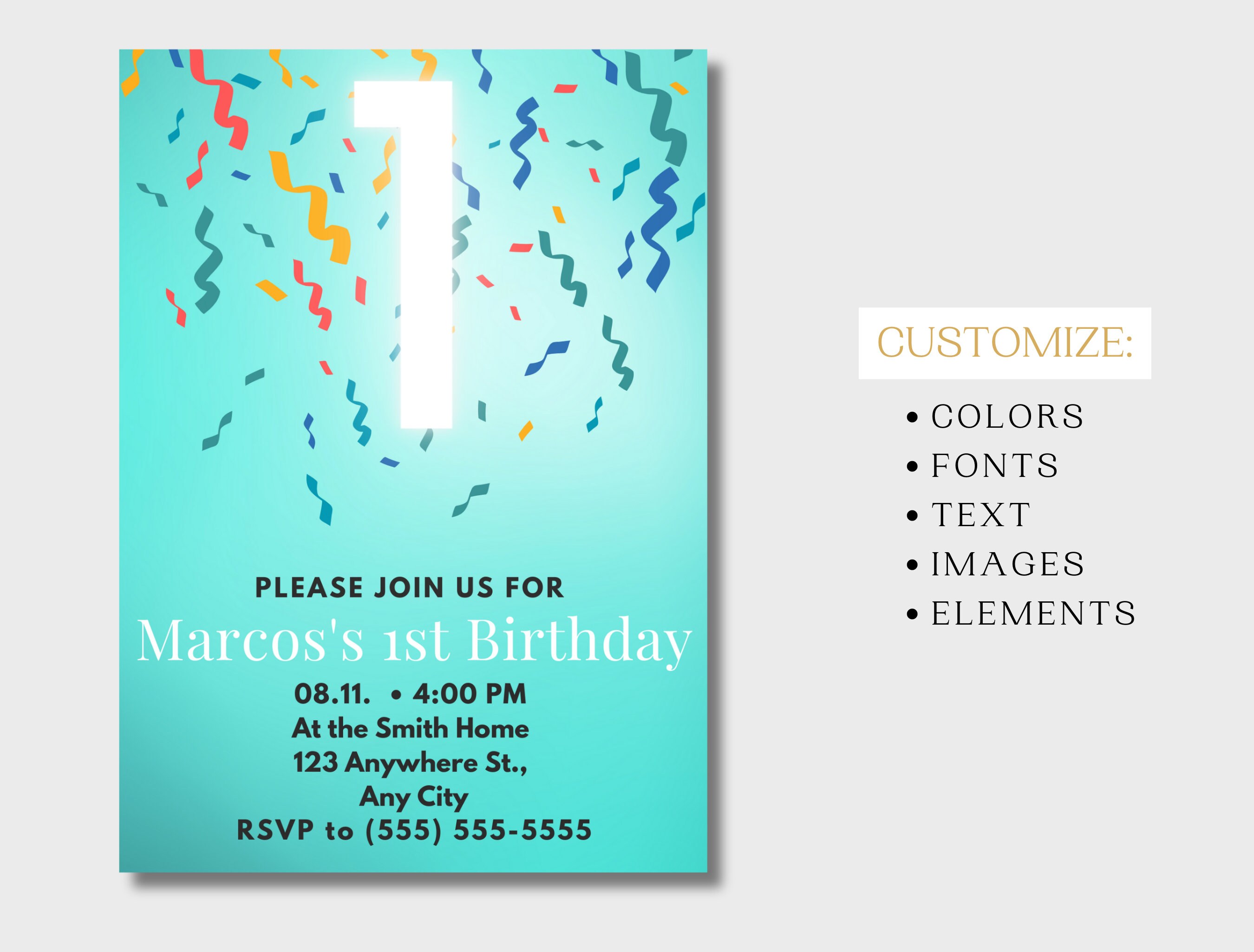 Editable Teal Confetti Party Invitation for 1st Birthday, 1 Year Old ...