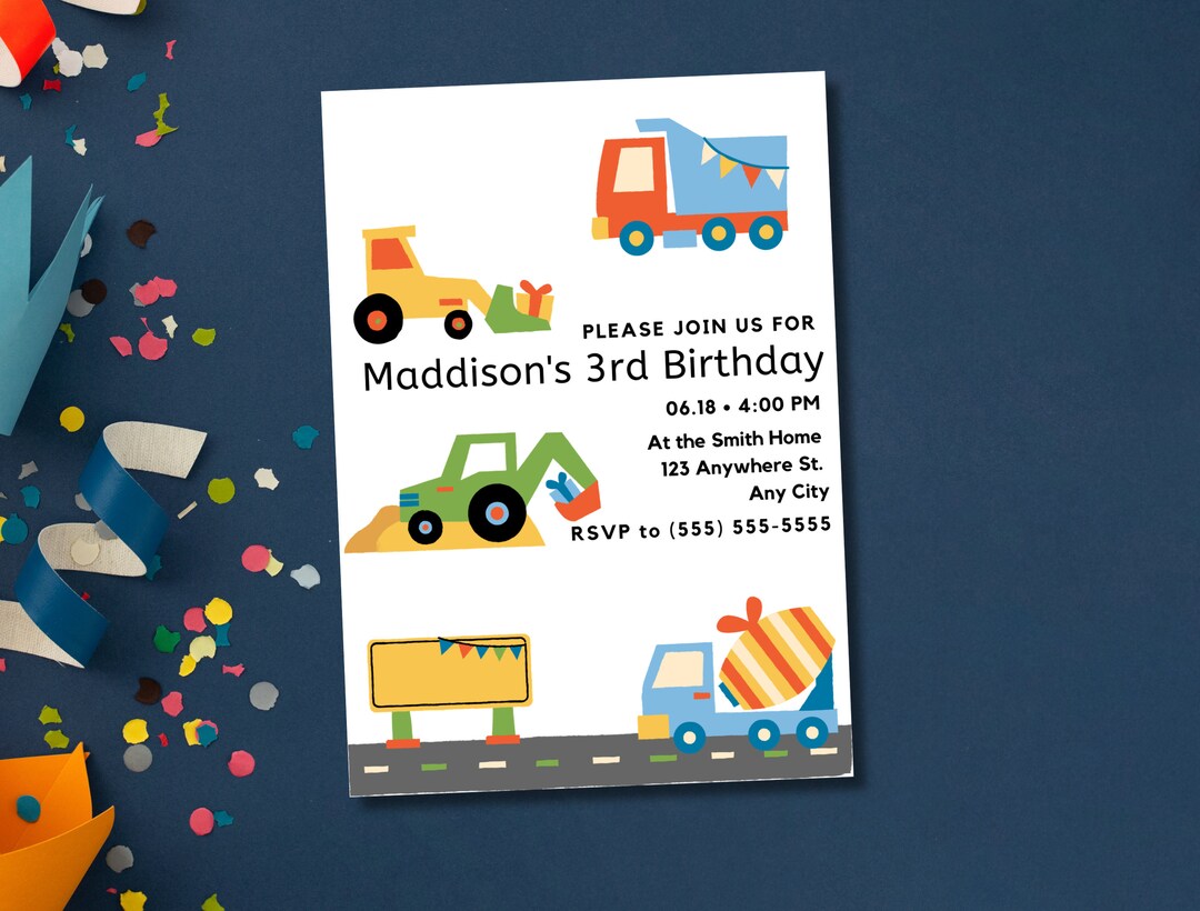 Editable Party Printable Invite, Construction Theme Birthday ...