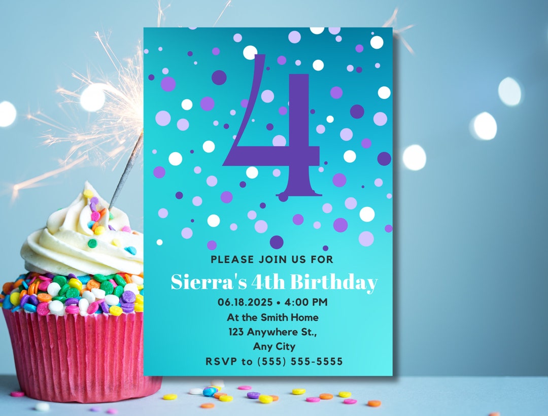 Editable Teal Confetti Party Invitation for 4th Birthday, 4 Year Old ...